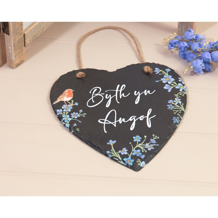 Heart Slate Plaque - Robin - 'Byth yn Angof' Forget Me Not