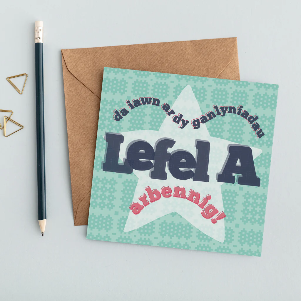 Welsh congratulations card 'Da iawn ar dy ganlyniadau Lefel A arbennig