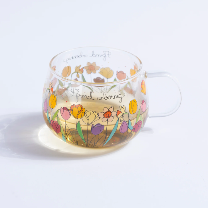 Glass Mug - Ffrind Arbennig - Flowers